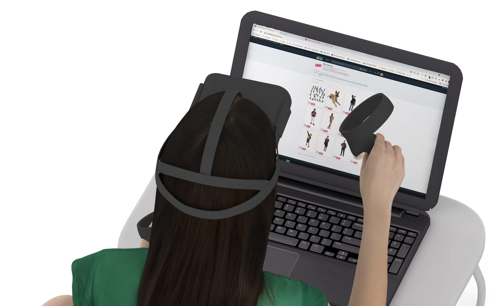 3d girl in vr glasses sitting pose - scanned 3d model - Renderbot