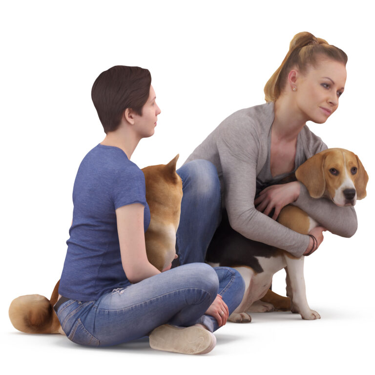 3d girls sit with dogs - scanned 3d models - Renderbot
